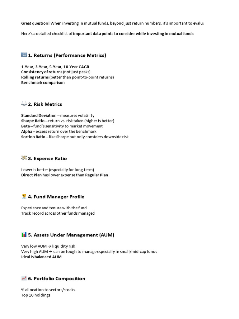 Mutual Fund Investment Checklist | PDF | Investment Fund | Investment ...