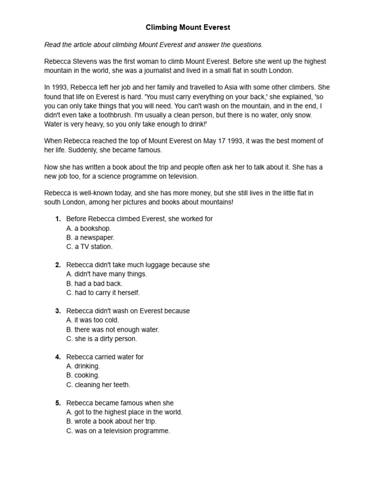 A2 Reading Part 3 - Climbing Mount Everest | PDF