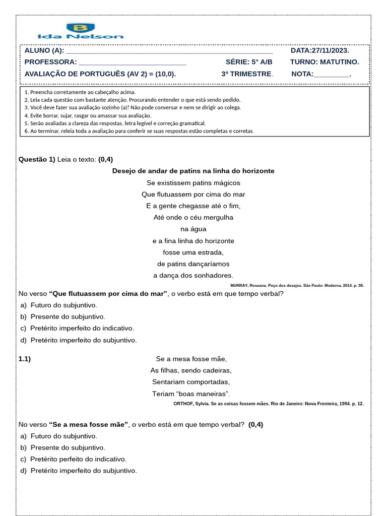Av2 de português 3 ° trimestre FINAL | PDF | Linguística | Gramática