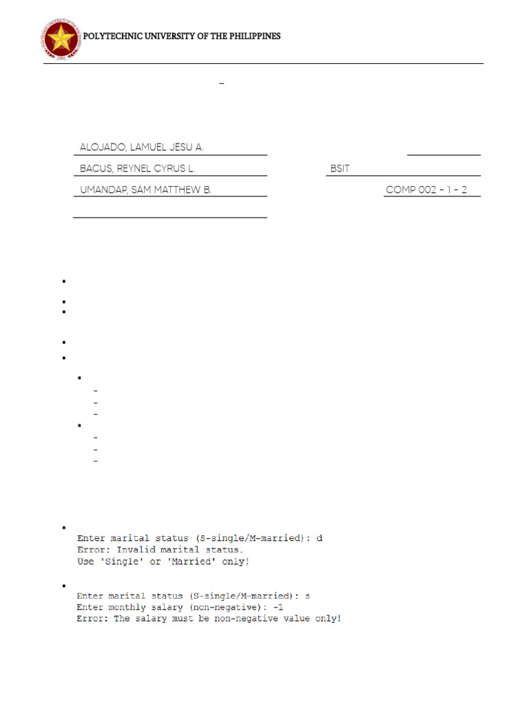 ALOJADO - BACUS - UMANDAP - COMP 002 Midterm Laboratory Examination Control Structures Selection ...