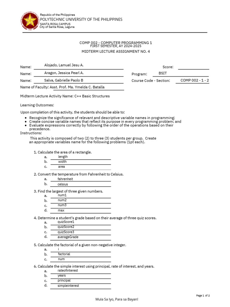 ALOJADO - ARAGON - SALVA-COMP 002 - Midterm Lecture Assignment 4 (Week 4 To 6 - C++ Basic ...