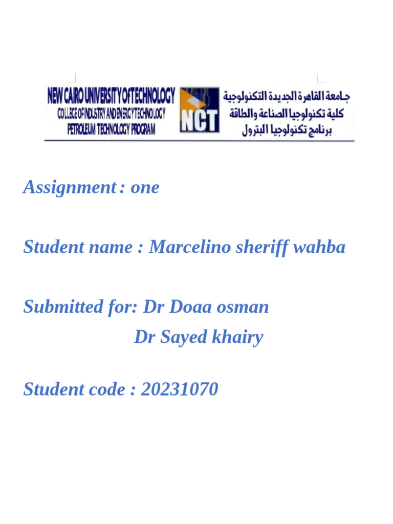 Assignment: One Student Name: Marcelino Sheriff Wahba Submitted For: DR Doaa Osman DR Sayed ...