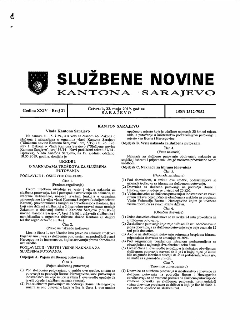 Uredba o Naknadama Troskova Za Sluzbena Putovanja 21-19 | PDF