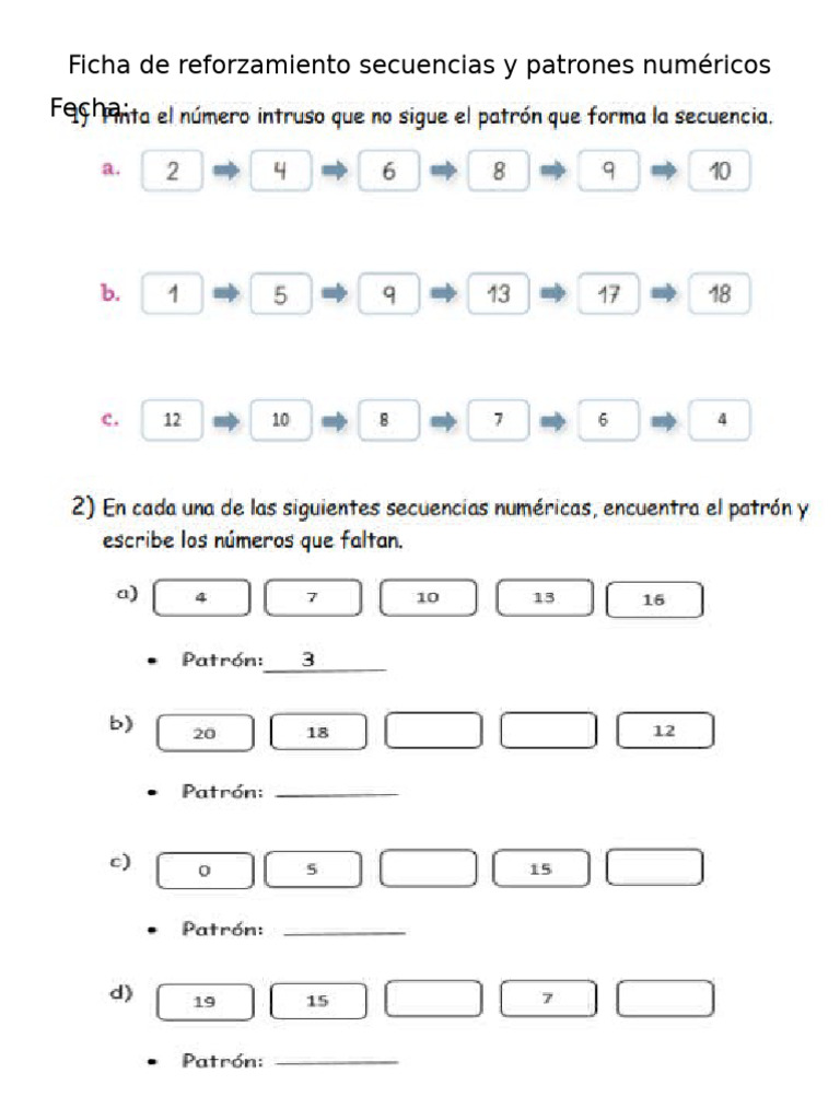 Ficha de reforzamiento secuencias y patrones numéricos | PDF