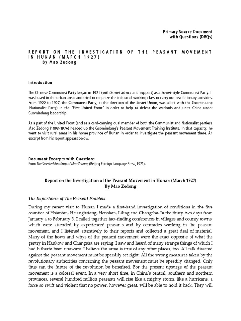 Primary sources with questions on Mao's China and the peasants | PDF ...