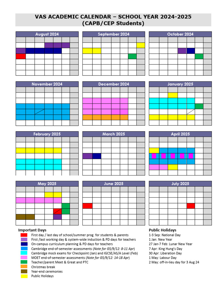 VAS Academic Calendar 2024-2025 | PDF | Educational Stages