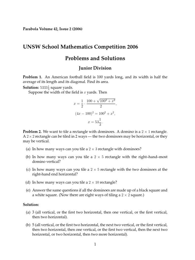 UNSW Maths Competition 2006 & Solutions | PDF | Rectangle | Area