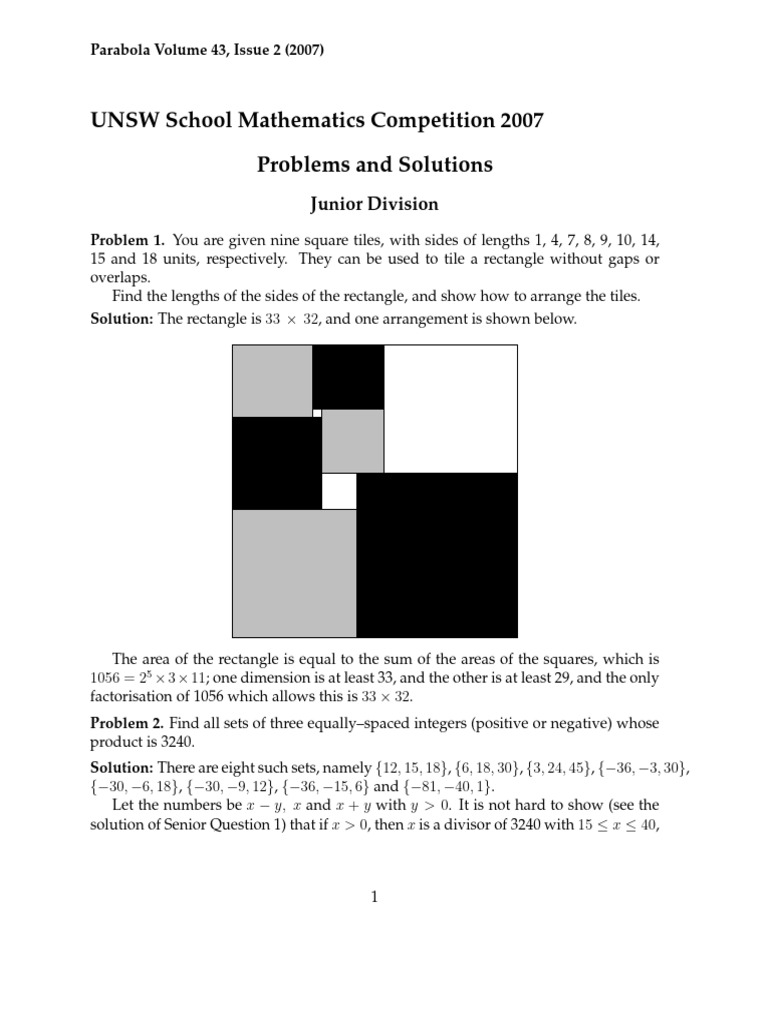 UNSW Maths Competition 2007 & Solutions | PDF | Rectangle | Area
