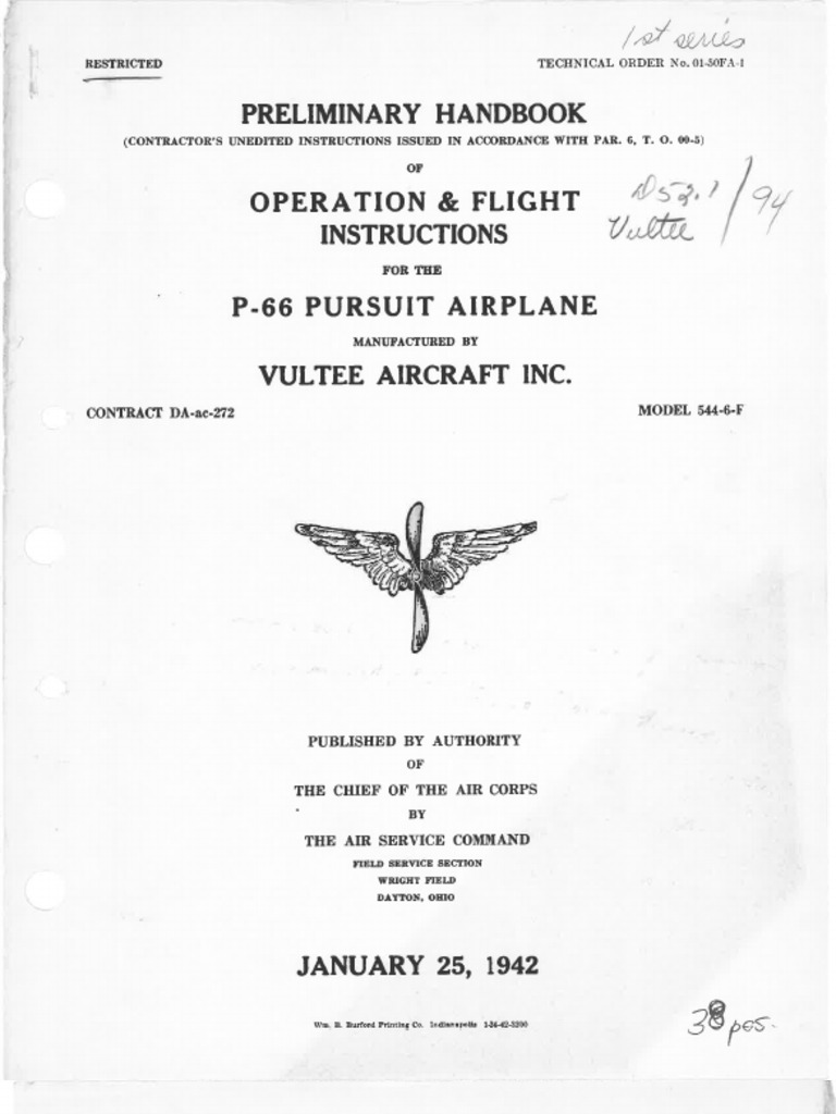 Preliminary Handbook of Operation & Flight Instructions For The P-66 | PDF