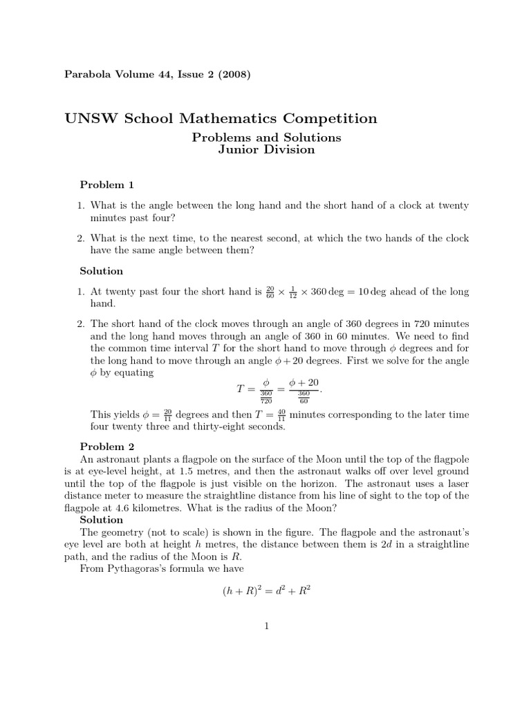 UNSW Maths Competition 2008 & Solutions | PDF | Angle | Numbers