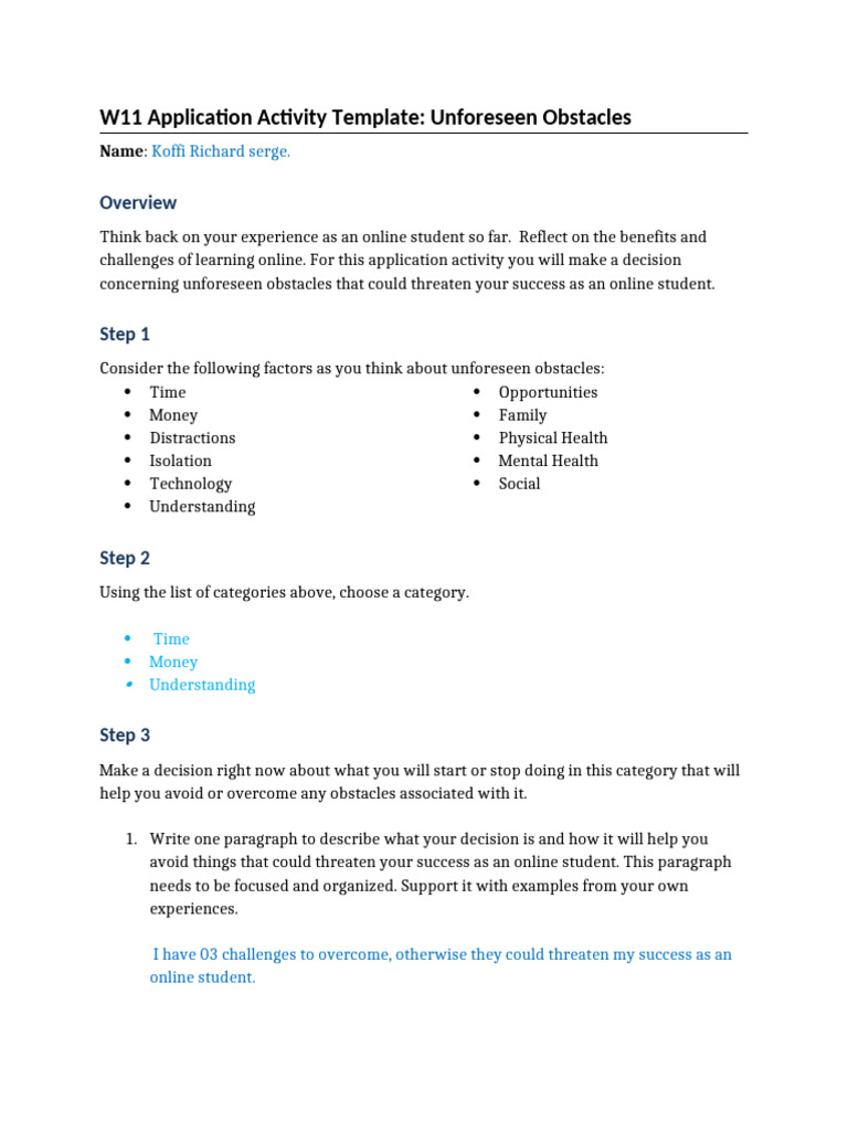 pc103 Document w11ApplicationActivityTemplate UnforeseenObstacles | PDF