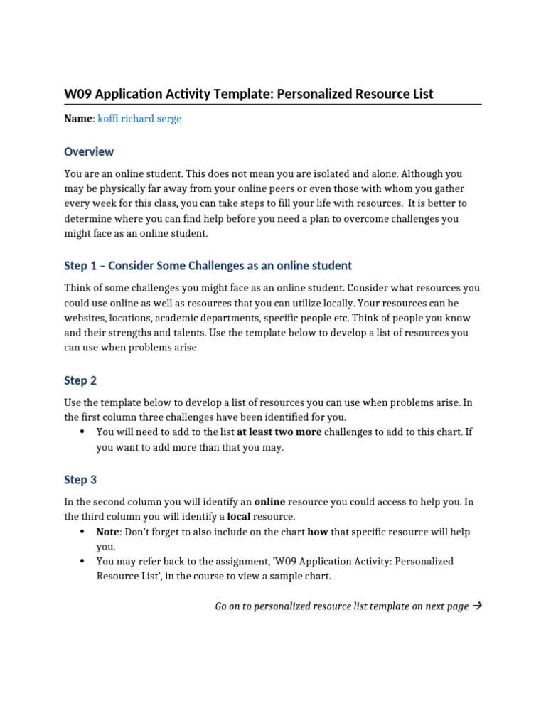 pc103 Document w09ApplicationActivityTemplate PersonalizedResourceList | PDF | Mentorship ...