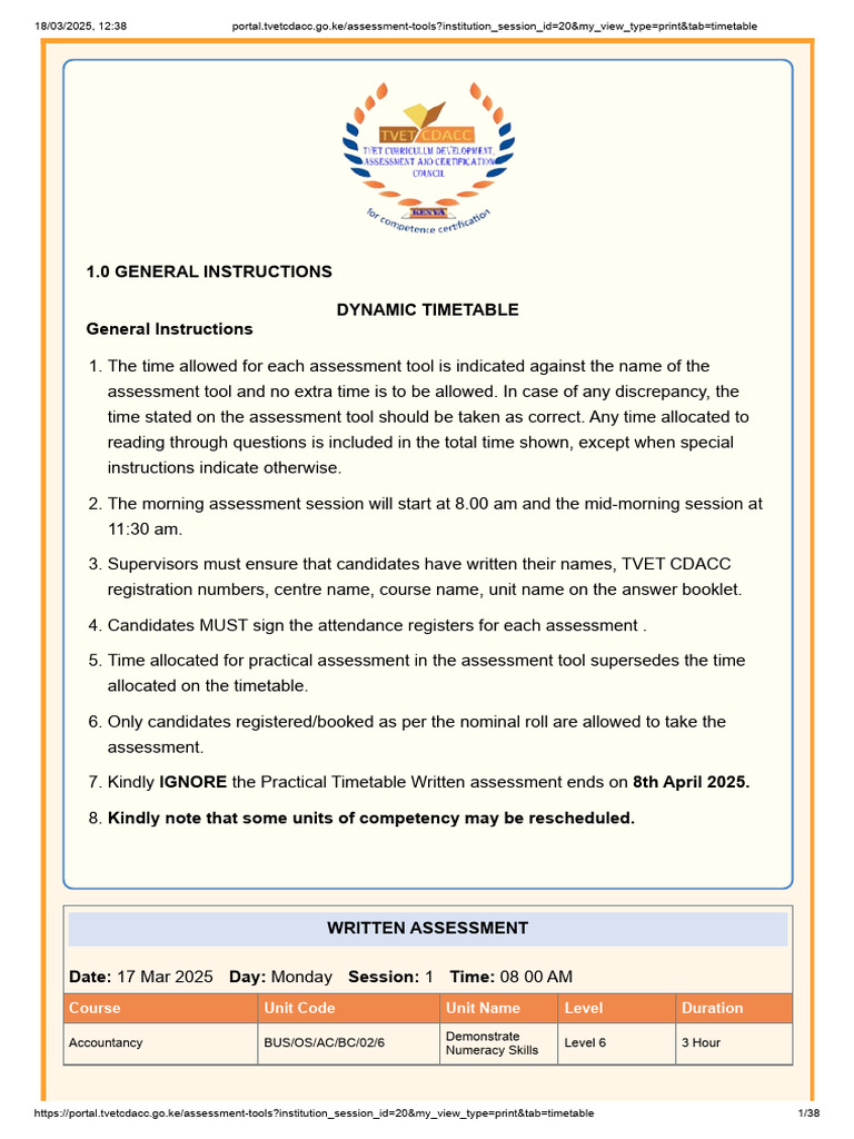 TVET Assessment Timetable 2025 | PDF