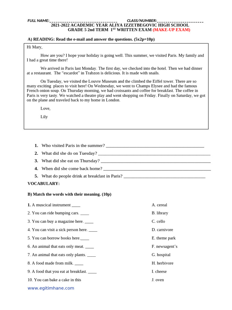 Grade 52 Ndterm 1 Stmakeupexam | PDF | Foods | Cuisine