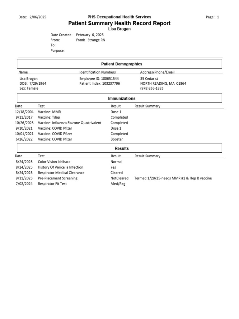 Patient Health Summary for Lisa Brogan | PDF