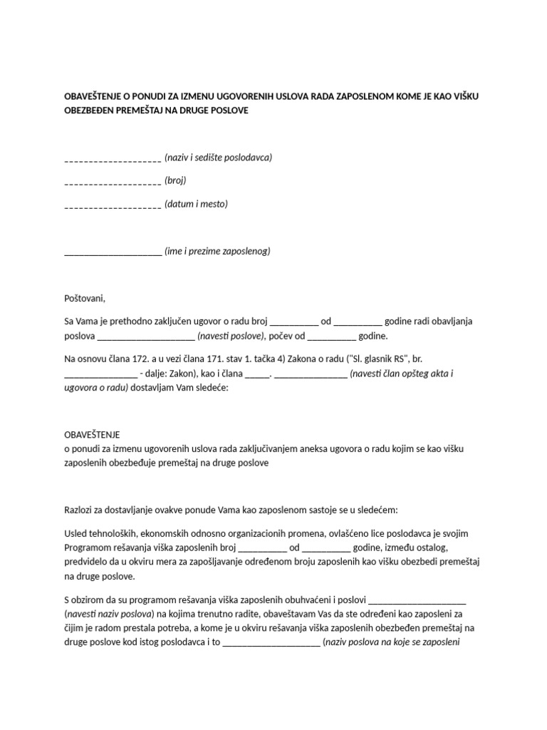 Obaveštenje o Ponudi Za Izmenu Ugovorenih Uslova Rada Zaposlenom Kome Je Kao Višku Obezbeđen ...