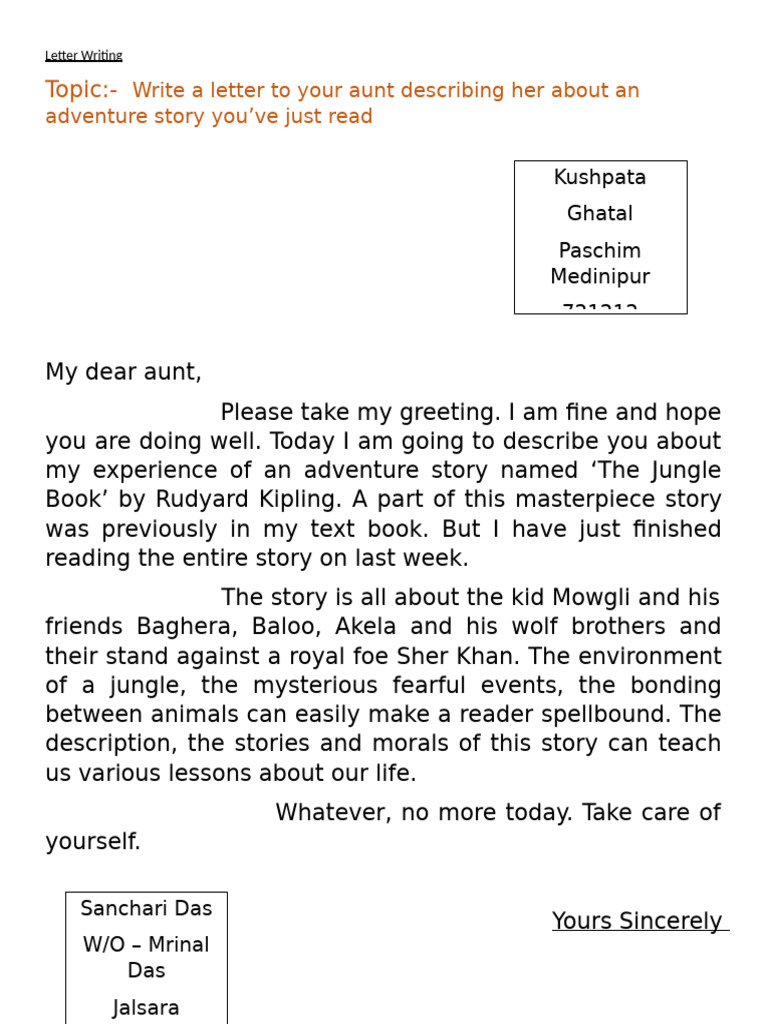 Letter To Aunt Describing The Experience of Reading An Adventure Story ...
