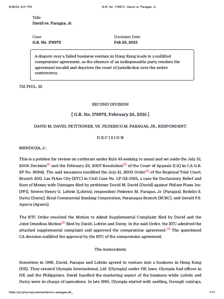 David vs. Paragas, Jr. 751 SCRA 648 G.R. No. 176973 - David vs. Paragas, JR | PDF | Lawsuit ...