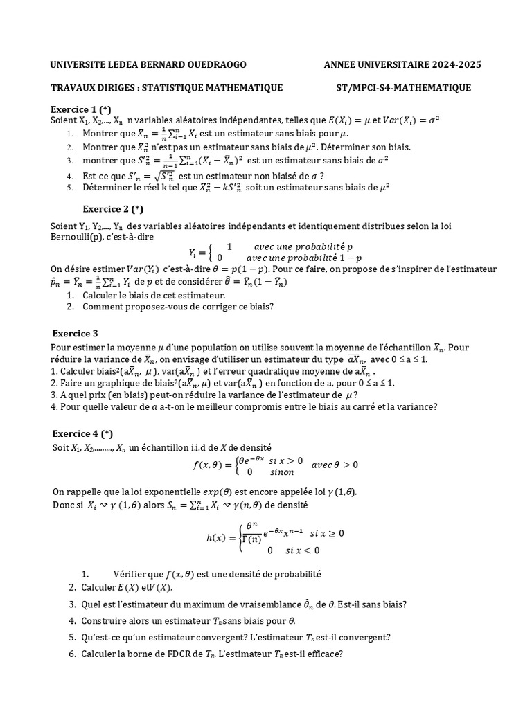 TD_Stat-maths_S4_2025 | PDF | Estimateur (statistique) | Intervalle de confiance