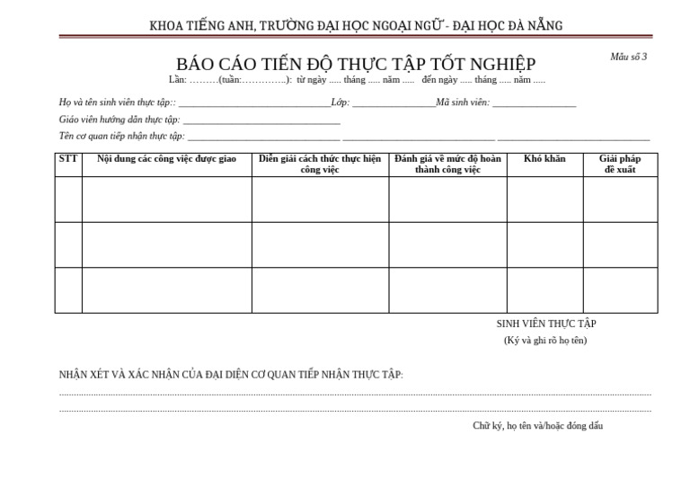 Mau So 3 - Bao Cao Tien Do Thuc Tap | PDF