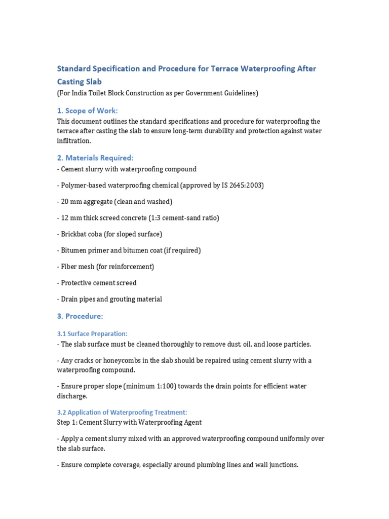 Terrace Waterproofing Specification Guide | PDF | Cement | Building ...