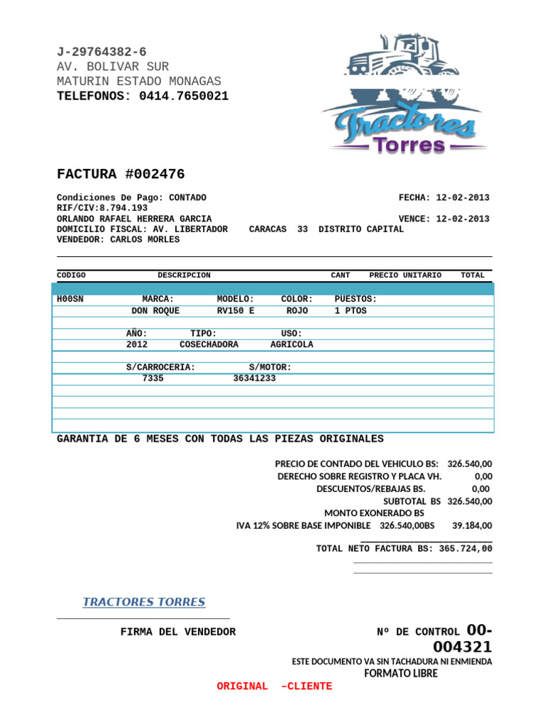 Factura de Cosechadora Agrícola RV150 | PDF