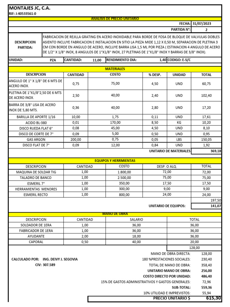 Análisis de Precio Unitario APU 002 | PDF
