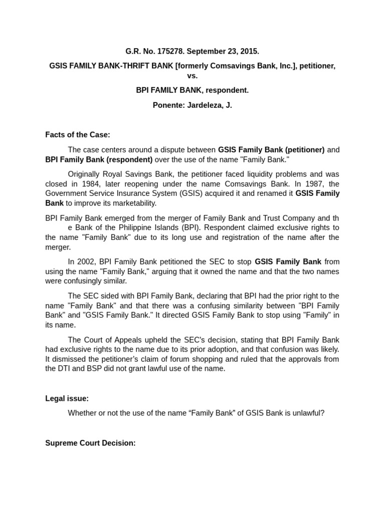 GSIS Family Bank Name Dispute Ruling | PDF