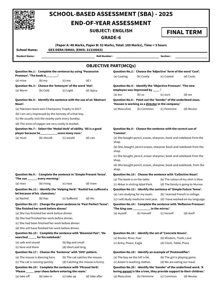 6 Eg - END OF YEAR SBA-2025 | PDF | Grammatical Gender | Linguistics