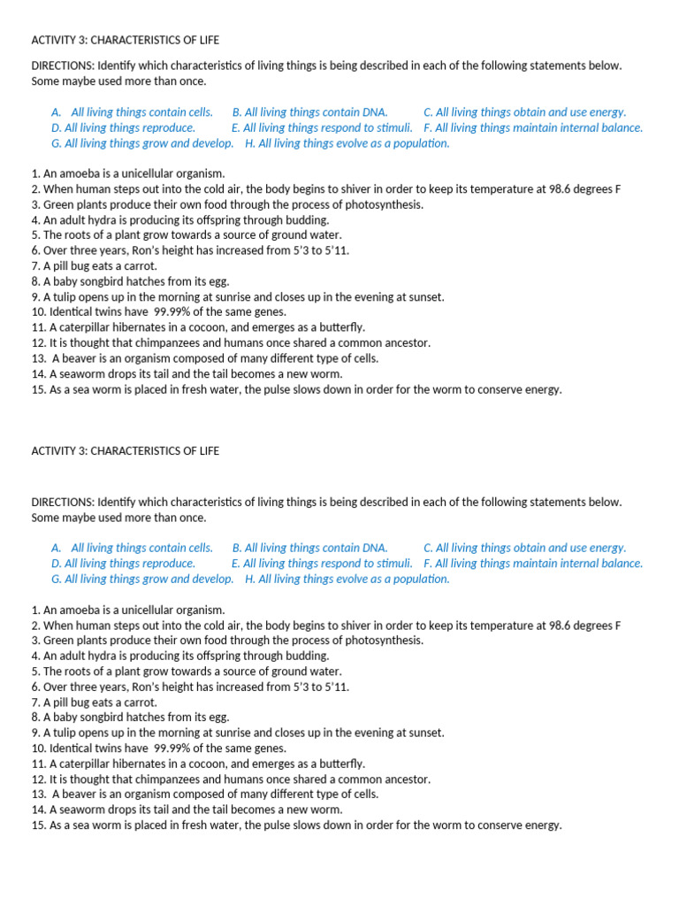 ACTIVITY 3 Characteristic of Life | PDF | Life | Plants
