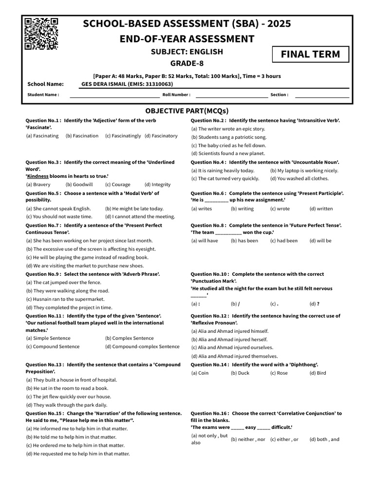 Grade 8 English SBA 2025 Final Term | PDF | Verb | Adverb