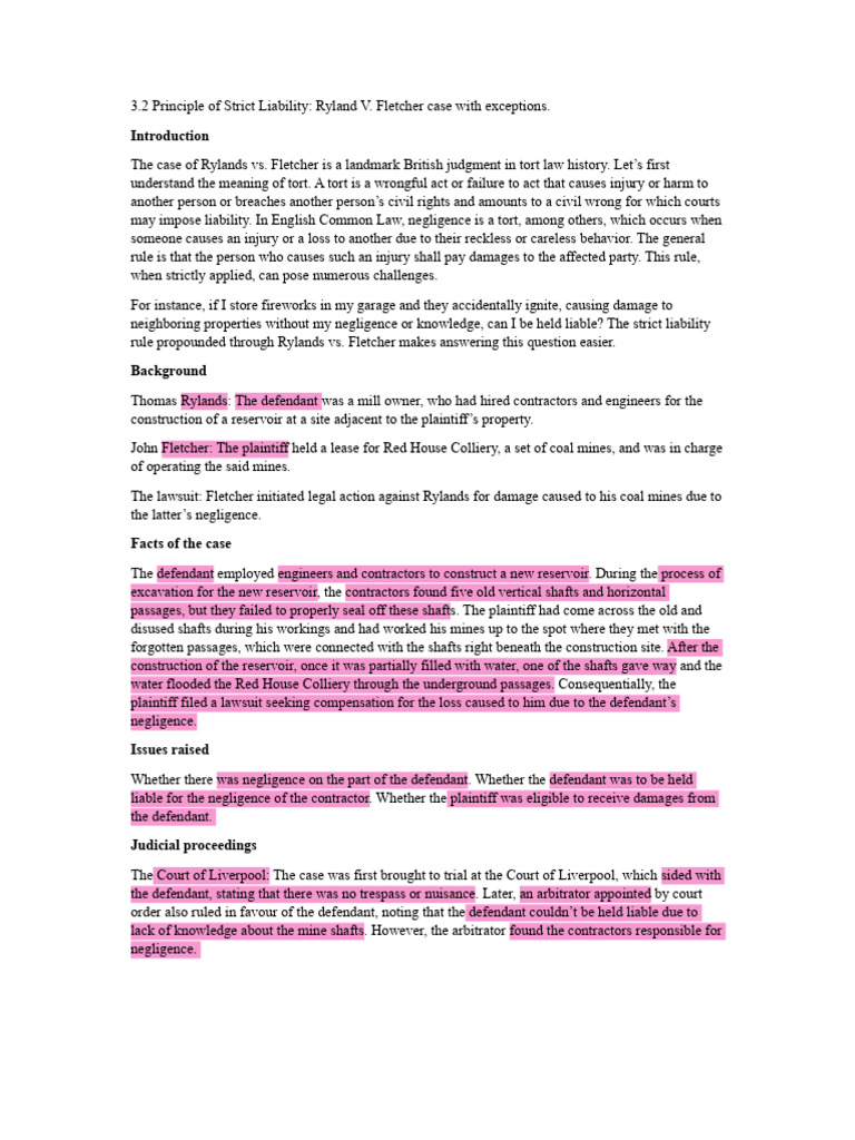 Principle of Strict Liability Ryland V. Fletcher Case With Exceptions ...