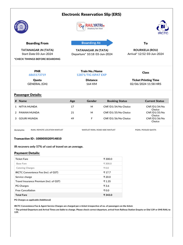 Train Ticket Confirmation Details | PDF | Identity Document