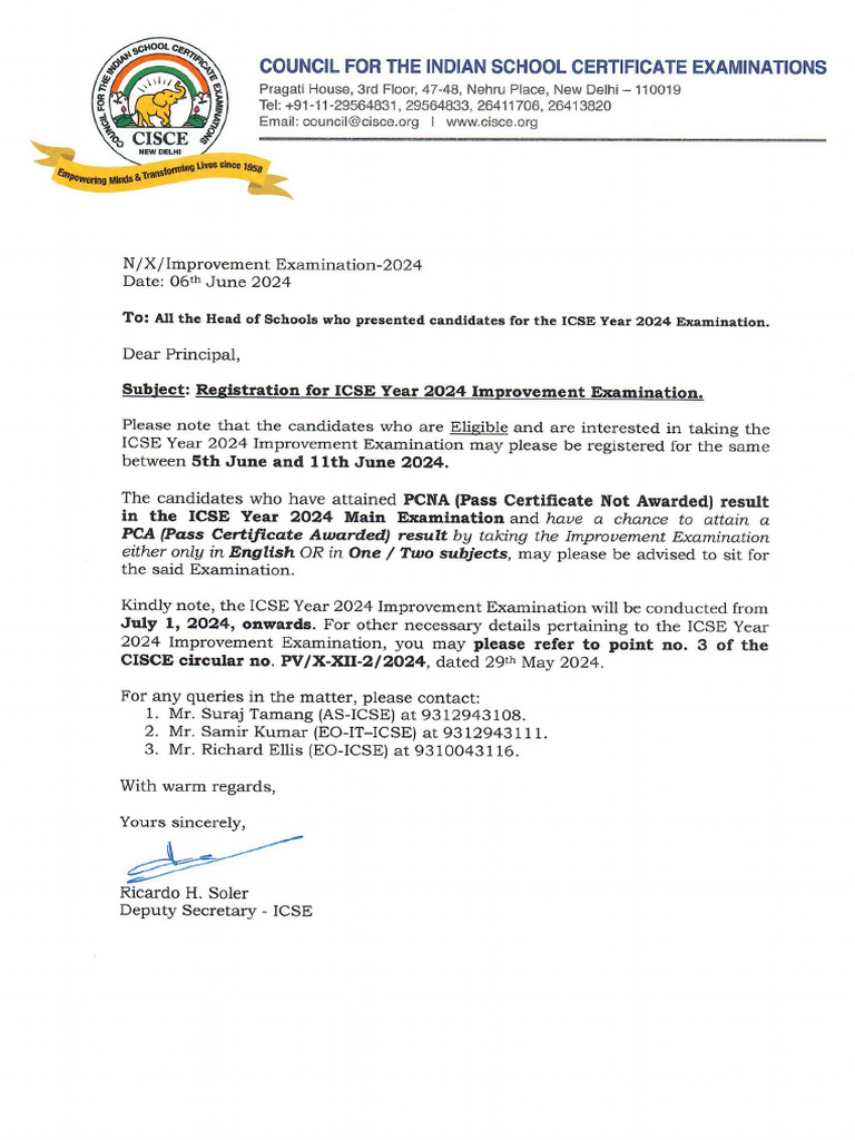 Circular Regarding Registration For ICSE Year 2024 Improvement ...