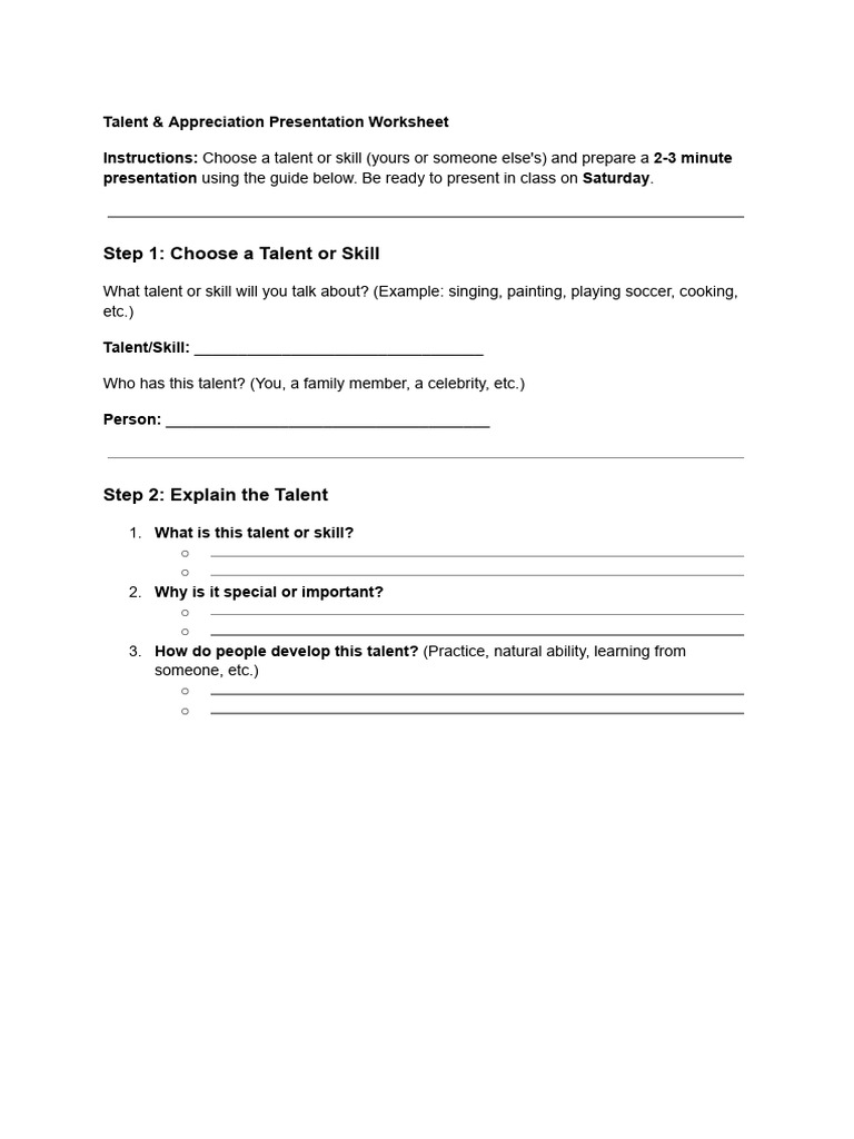 Talent & Appreciation Presentation Worksheet | PDF