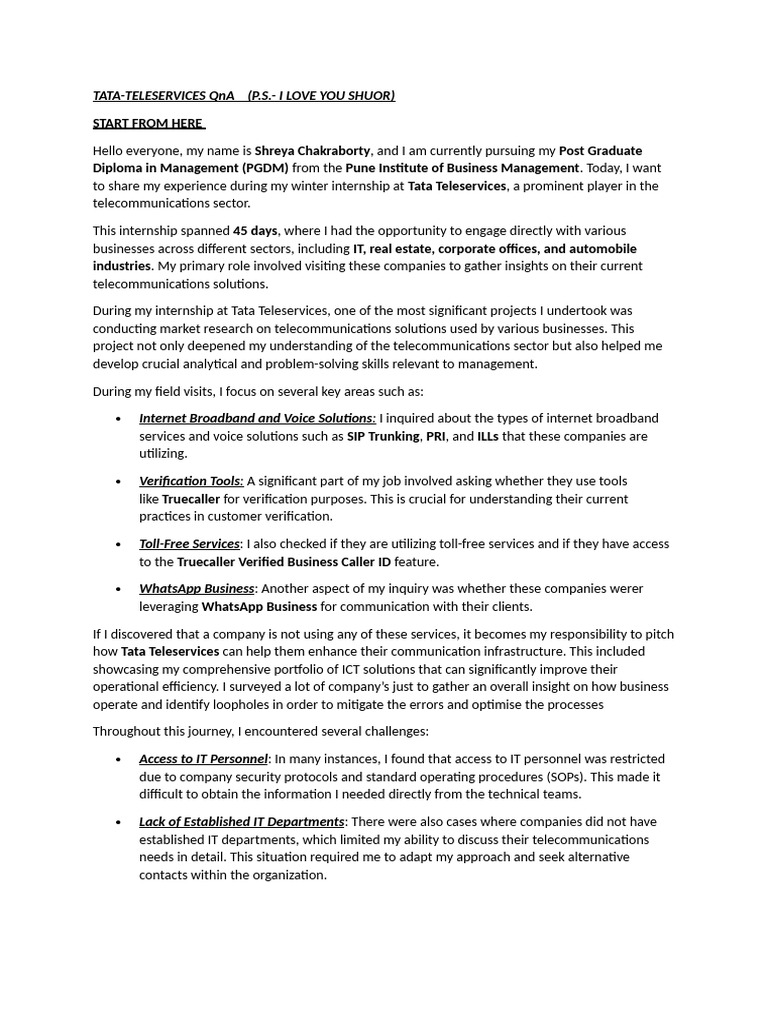 Tata Teleservices Internship Insights | PDF | Swot Analysis | Business