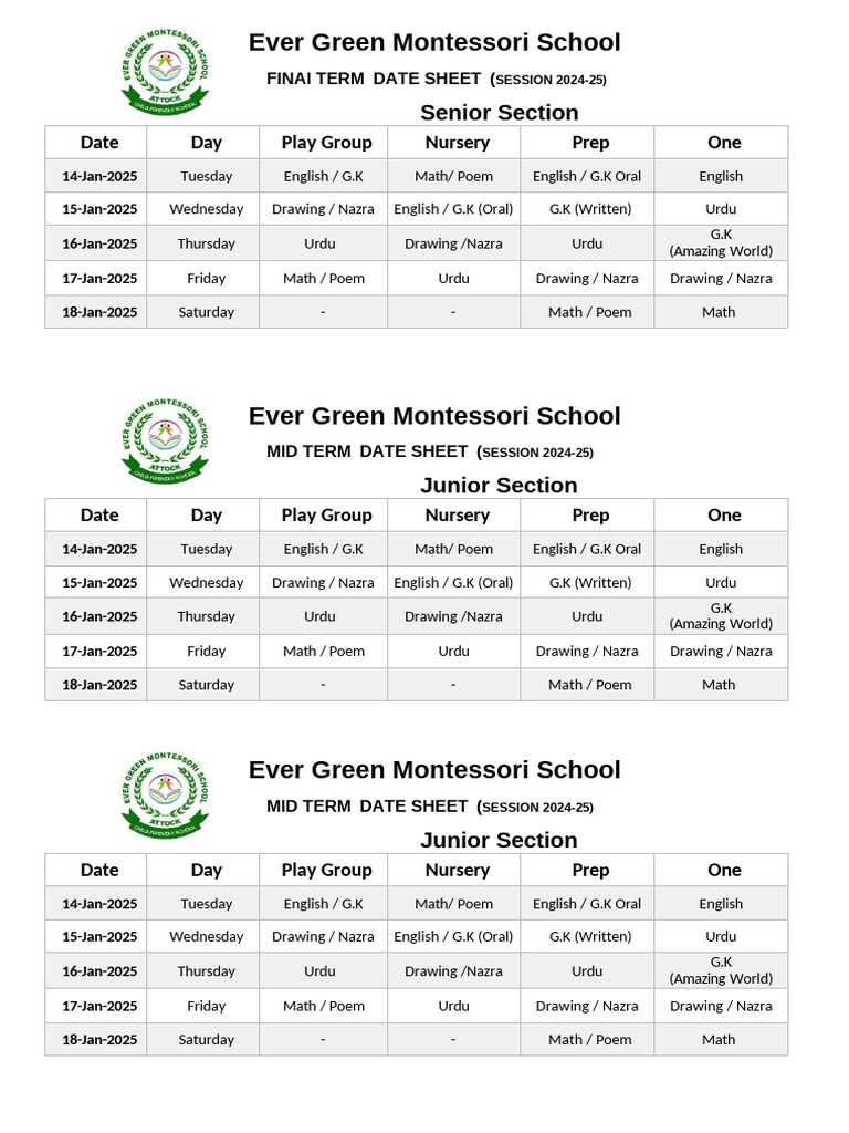 Mid Term Date Sheet Junior Section | PDF