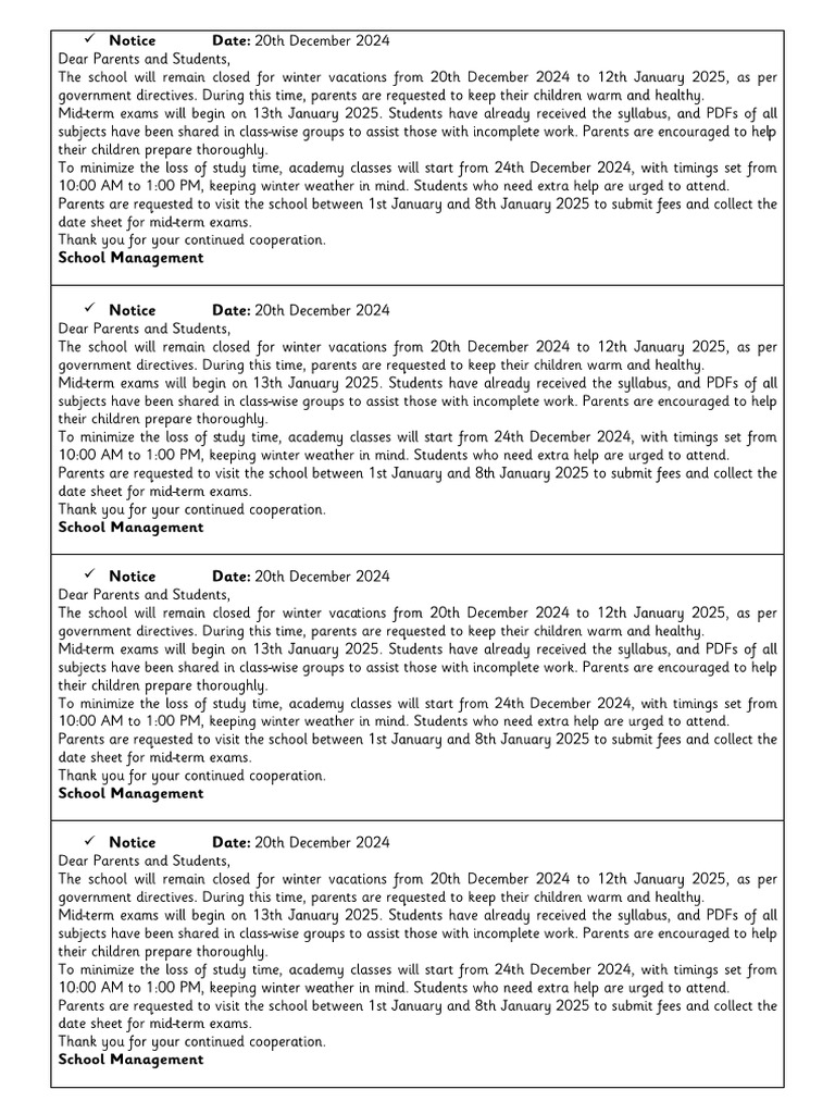 Winter Vacation Note | PDF