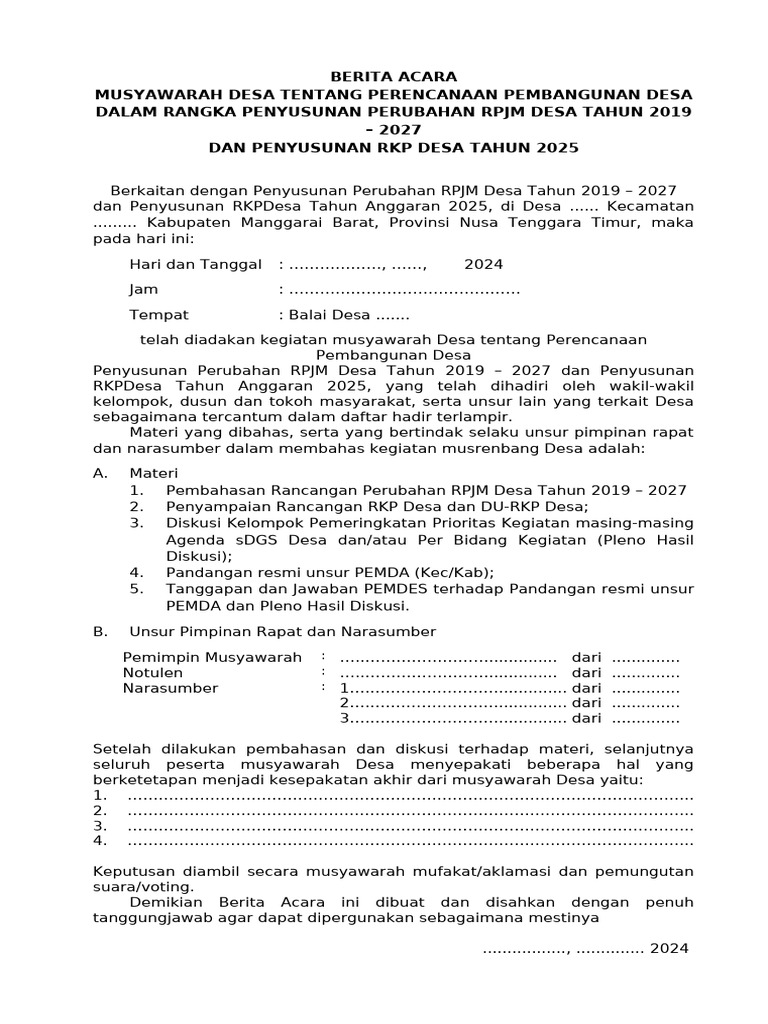 07 Format BA, Daftar Hadir Musrembangdes Perubahan RPJM Desa Tahun 2019 ...