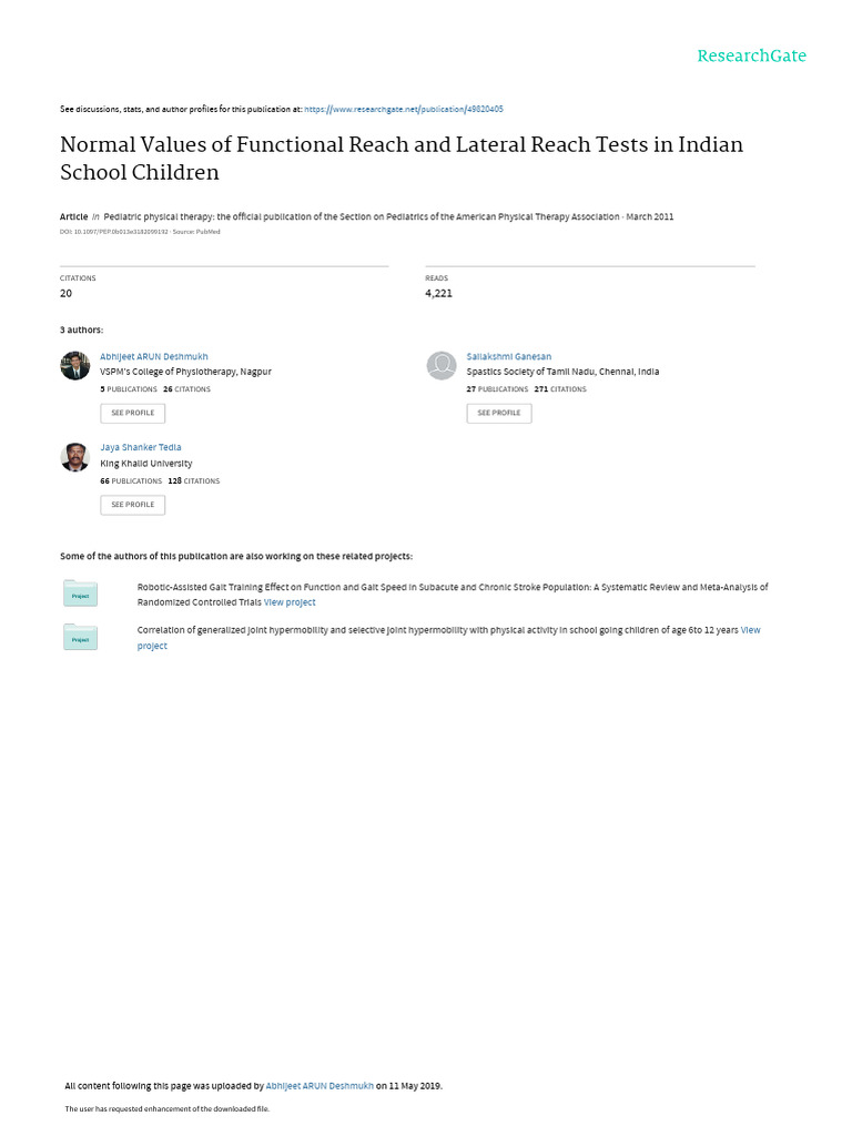 Norm Values of Functional Reach Lateral Reach | PDF | Balance (Ability ...
