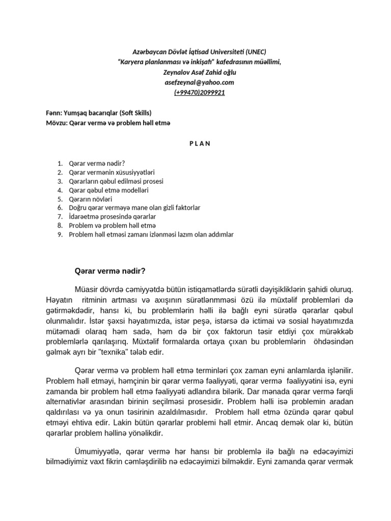 Qərar Qəbul Etmə VƏ Problem Hell Etmə | PDF