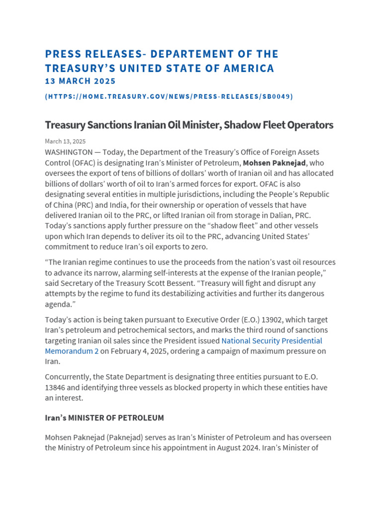 Press Release - Departement of The Treasury United State of America ...