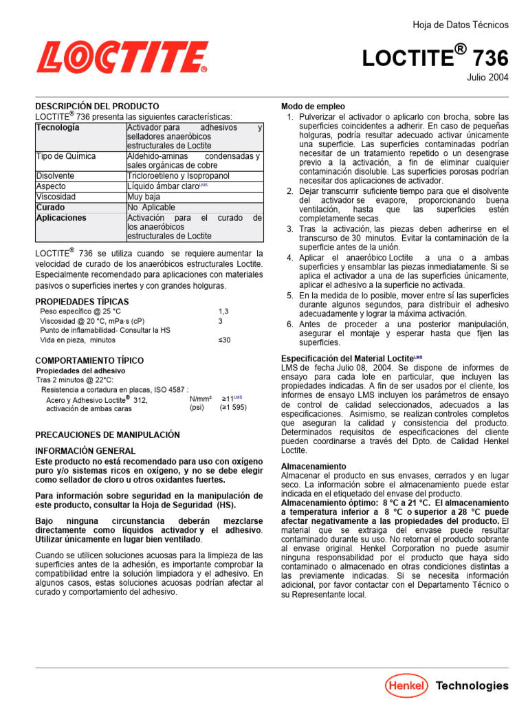 Loctite 736 (Primer NF) Tds | PDF | Líquidos