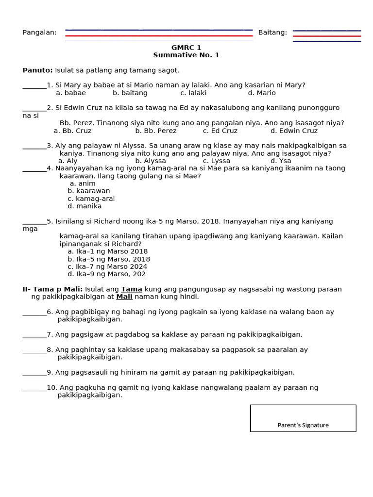 GMRC Summative Test 1 | PDF