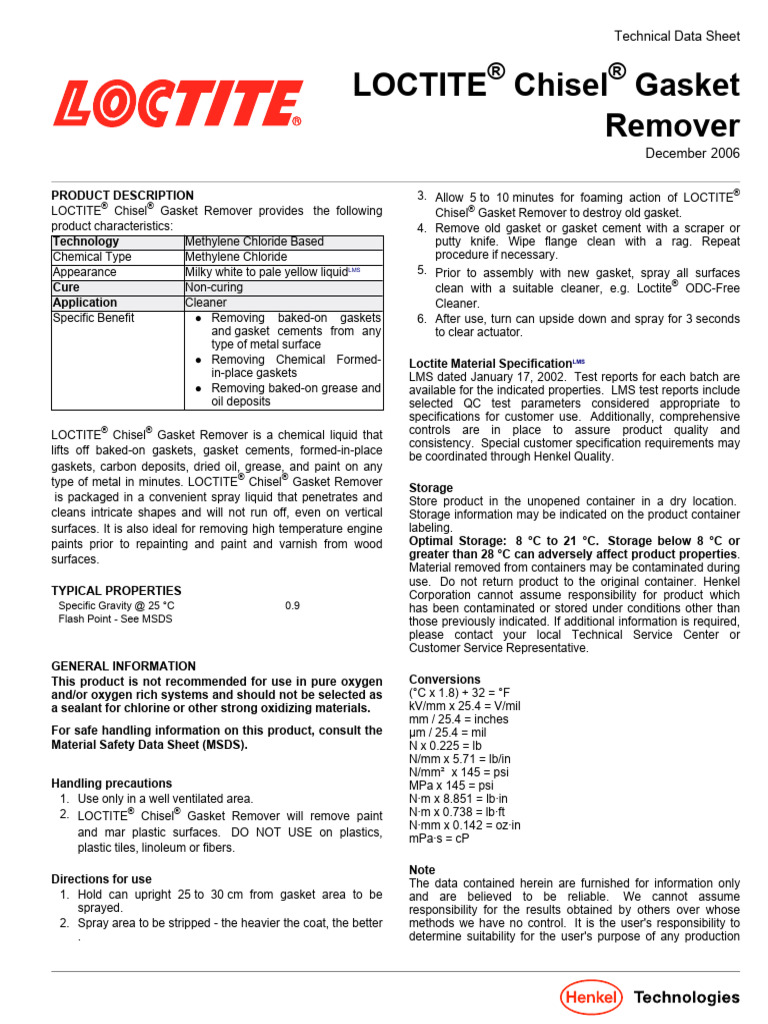 Loctite Chisel Gasket Remover Tds | PDF | Trademark | Materials