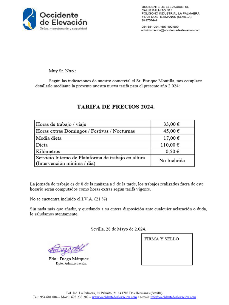 Tarifa de Precios 2024 - Occidente Elevación | PDF