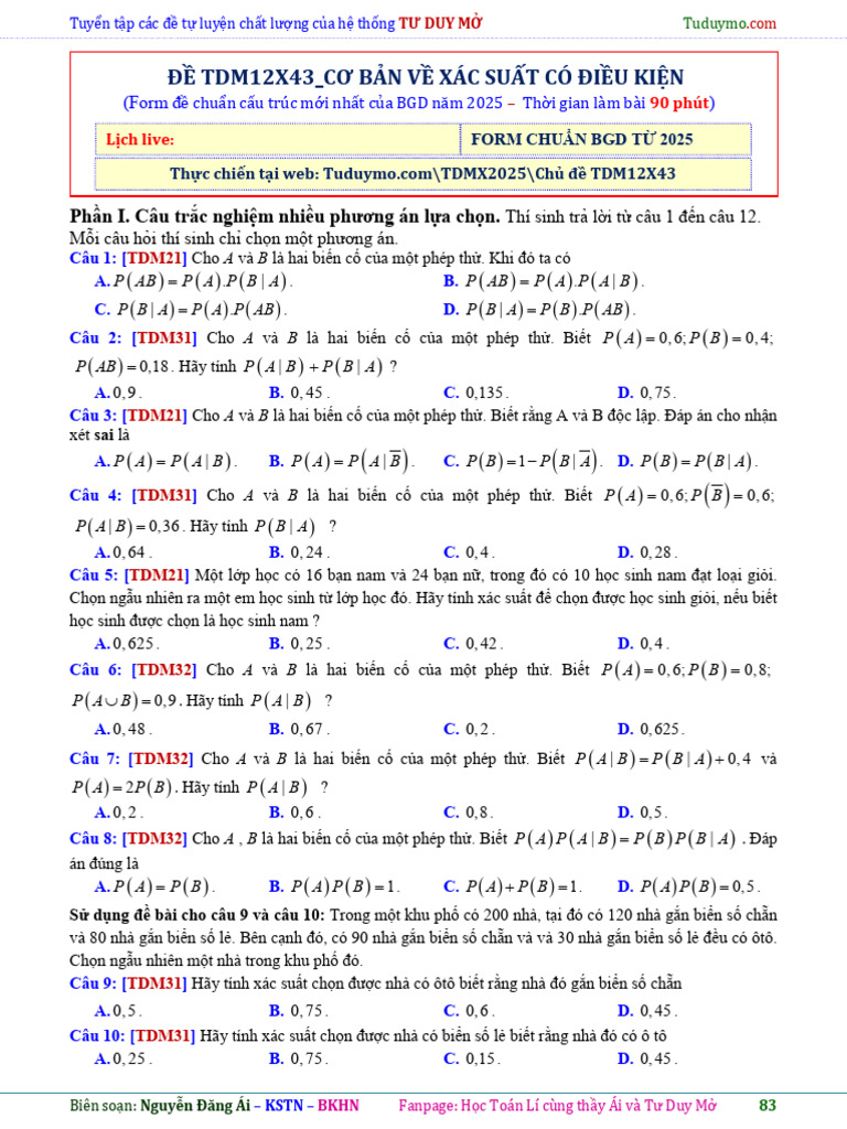 ĐỀ TDM12X43_ĐTL_XÁC SUẤT CÓ ĐIỀU KIỆN_2K7_PB12 | PDF