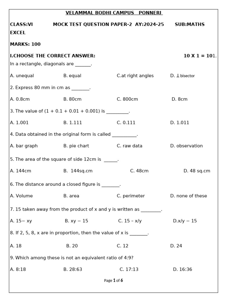 Class VI Maths Mock Test Paper 2 | PDF | Area | Length