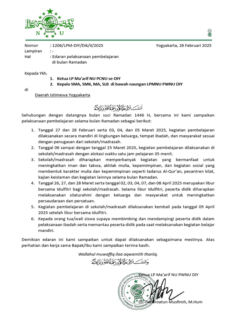1206 - Edaran Pelaksanaan Pembelajaran di Bulan Ramadan | PDF