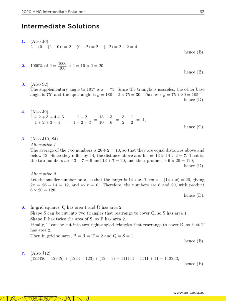 AMC Intermediate 2020 Solutions | PDF | Area | Triangle